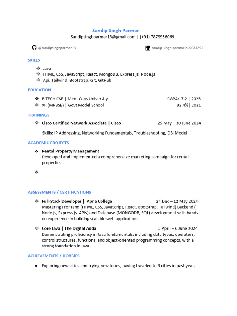 Sandip Singh Parmar: Skills | PDF