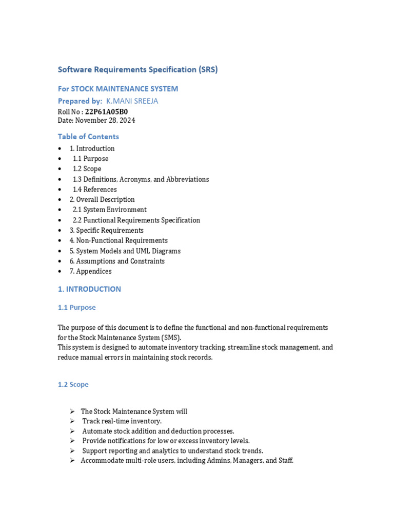 Stock Maintenance SRS | PDF | Specification (Technical Standard) | Unified Modeling Language
