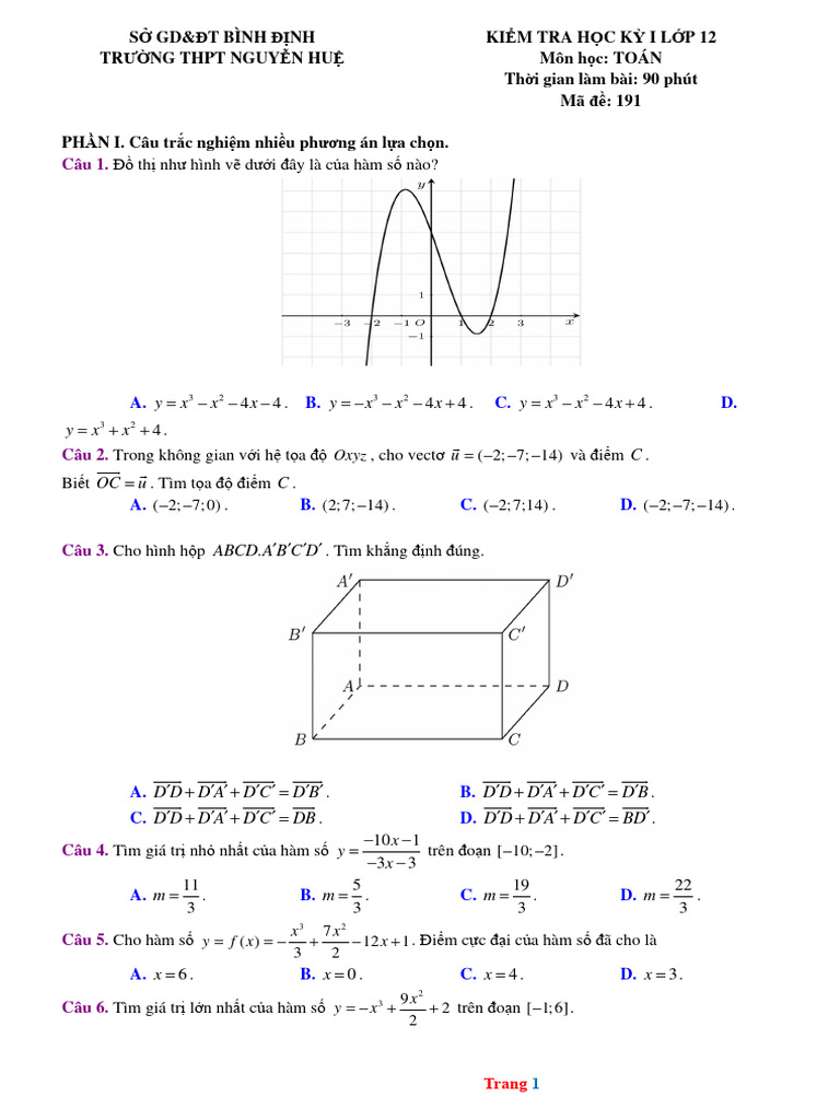 BAI GIAI de Kiem Tra HK1 Toan 12 THPT Nguyen Hue 24 25 | PDF