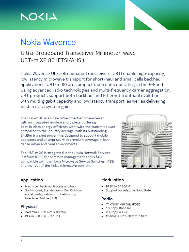 Nokia Wavence Datasheet Ultra Broadband Transceiver Millimeter Wave UBT M XP 80 (ETSI ANSI) Data ...