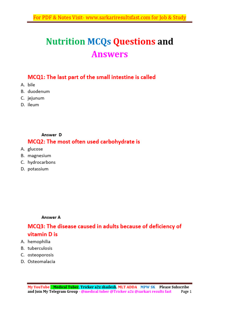 Nutritions MCQS | PDF | Nutrients | Stomach