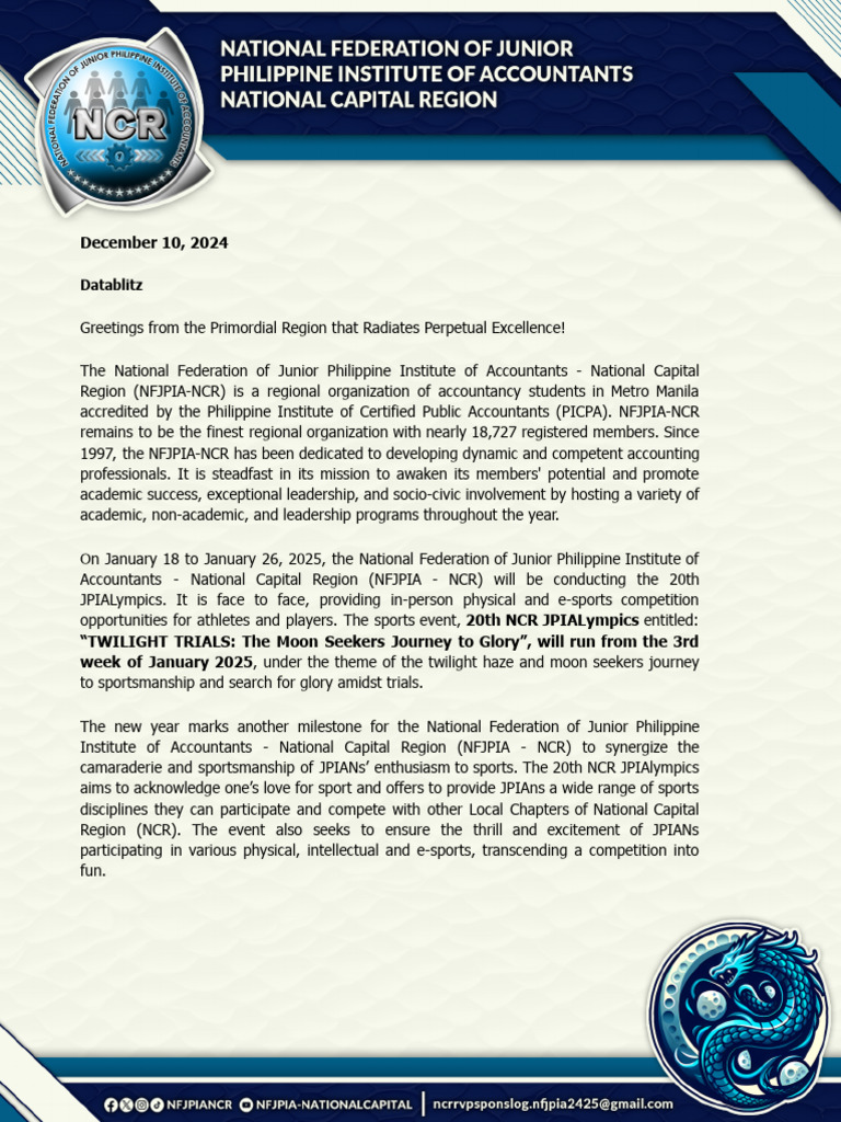 NFJPIA - NCR Sponsorship Packages - 20th NCR JPIAlympics - Datablitz ...