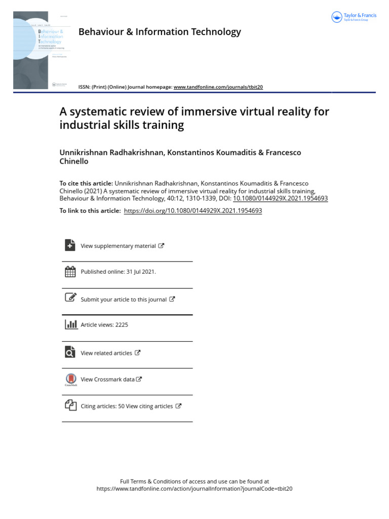 A systematic review of immersive virtual reality for industrial skills training | PDF | Virtual ...