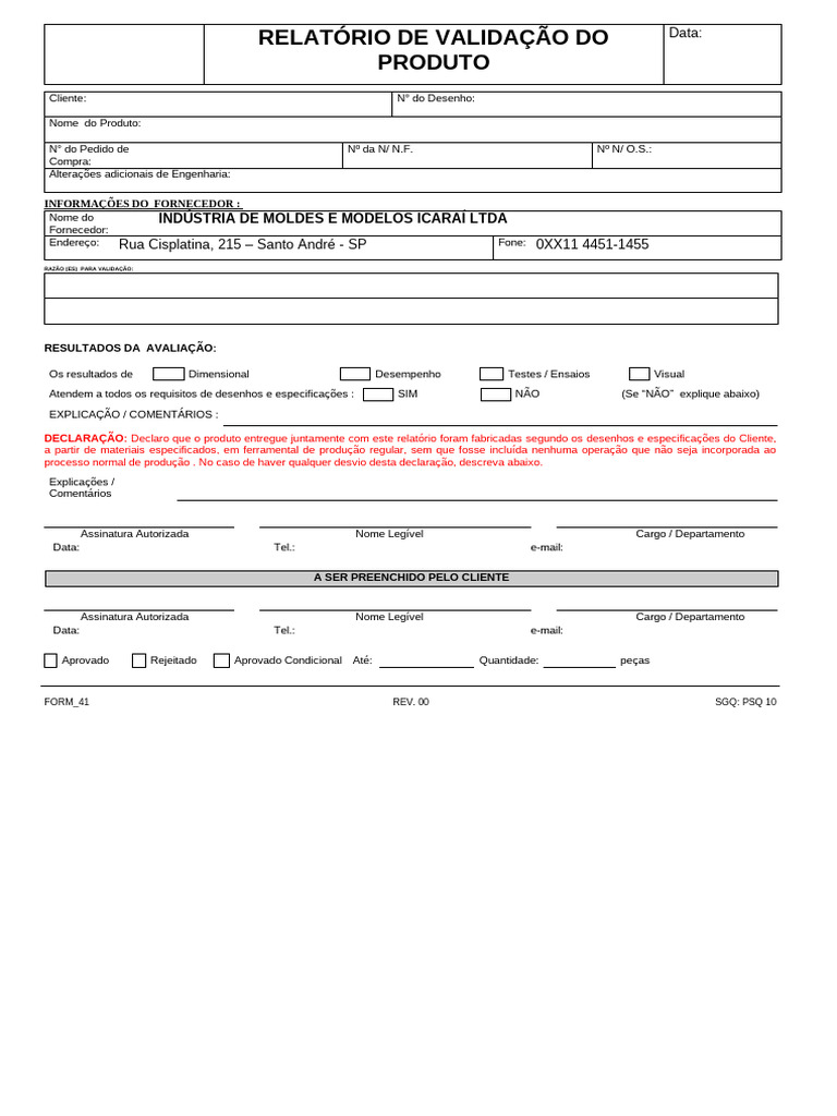 Form - 41 Relatorio de Validacao Do Produto | PDF