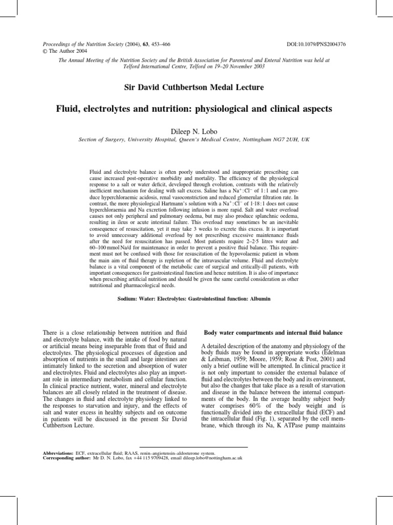 Fluid Electrolytes and Nutrition Physiological and Clinical Aspects ...