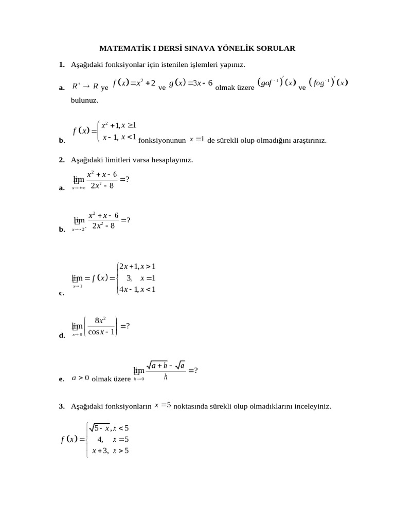 Matematik I Dersi Sinava Yonelik Sorular | PDF