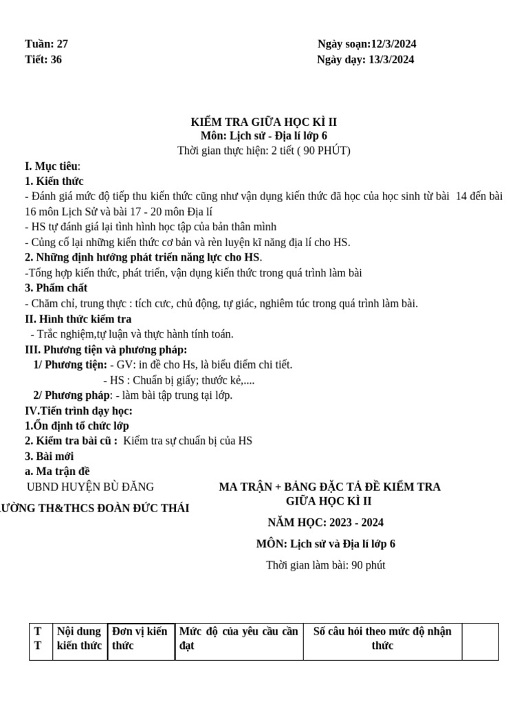 Kiểm Tra Giữa HKII - Địa 6 | PDF