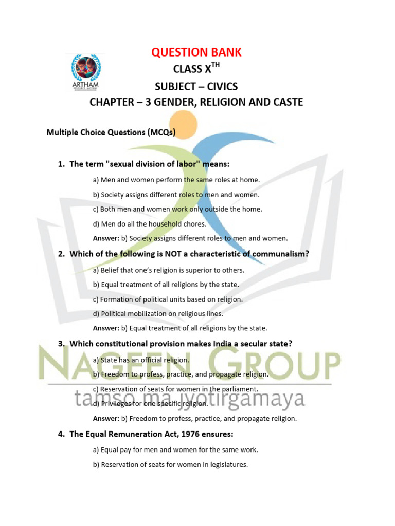 Class 10 Civics Gender and Caste MCQs | PDF | Caste | Discrimination