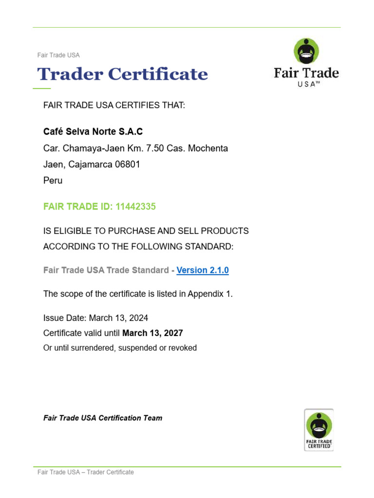 Certificado Fair Trade USA | PDF