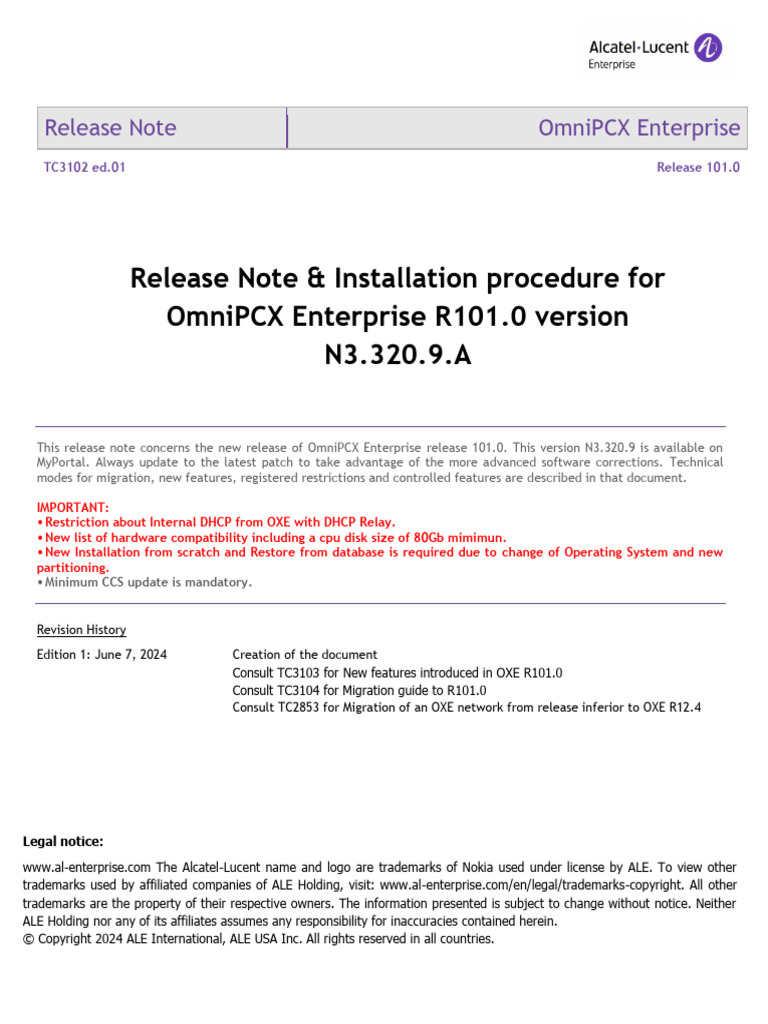 TC3102en-Ed01 Release Note and Installation Procedure OmniPCX Enterprise R101.0 Version N3.320.9 ...