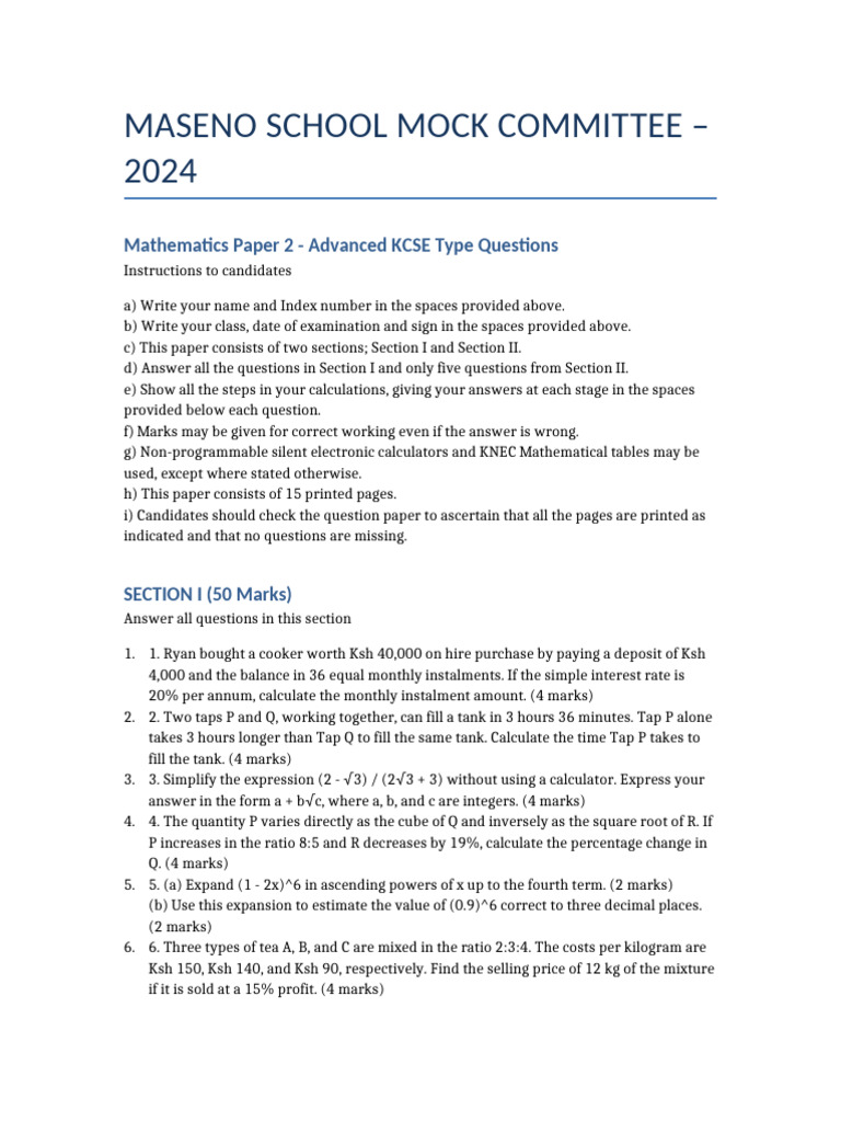 Complex KCSE Maths Paper2 Questions | PDF | Logarithm | Vertex (Graph ...