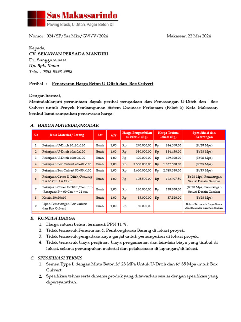 SPH U-Ditc dan Box Culver CV. SAS Makassarindo Revisi | PDF