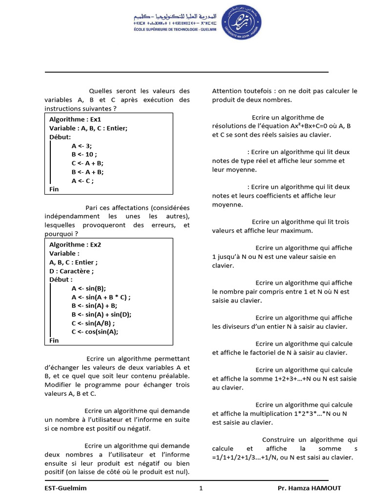 TD1 Algorithme Et Bases de La Programmation - ESTG | PDF ...