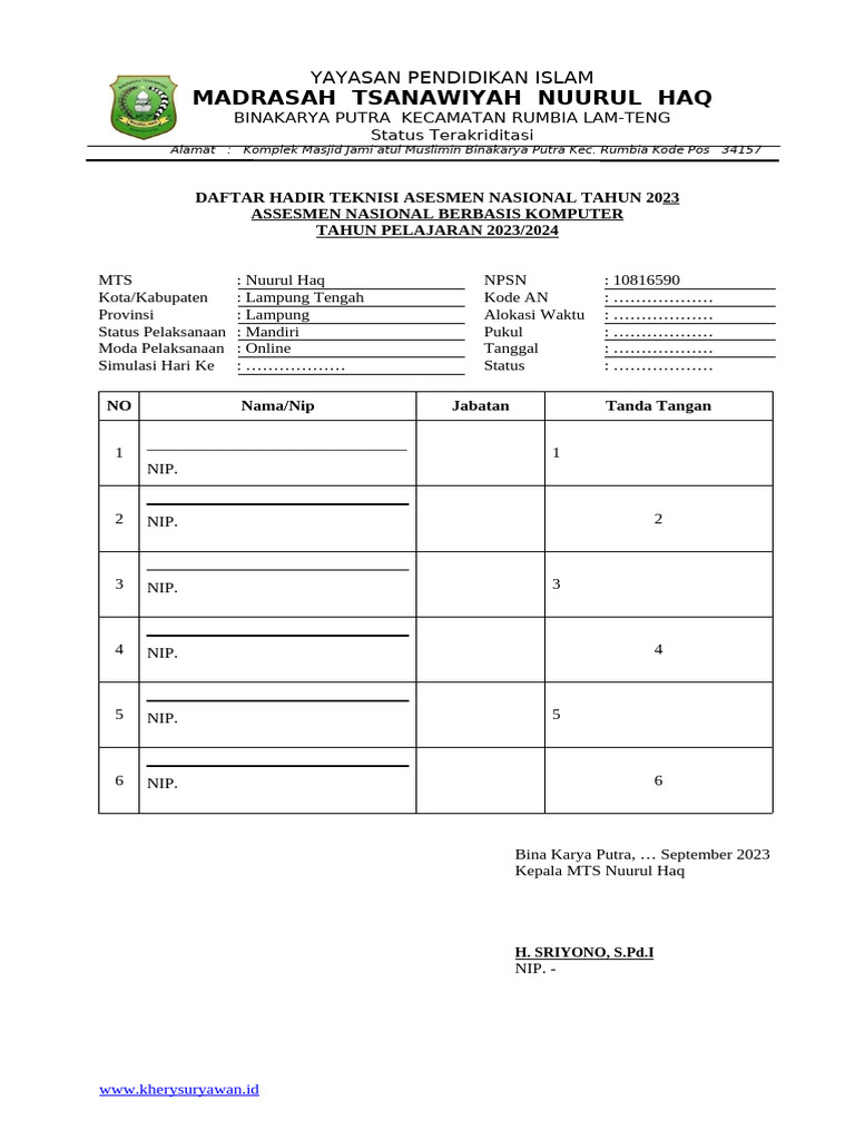 Daftar Hadir Panitia ANBK 2023 | PDF