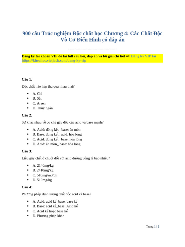900 Cau Trac Nghiem Doc Chat Hoc Chuong 4 Cac Chat Doc Vo Co Dien Hinh Co Dap An - 2024 - 12 ...