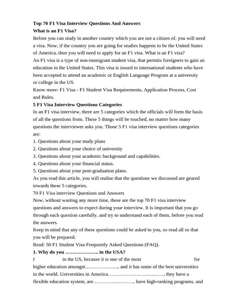 Top 70 F1 Visa Interview Questions | PDF | Cost Of Living | Banks