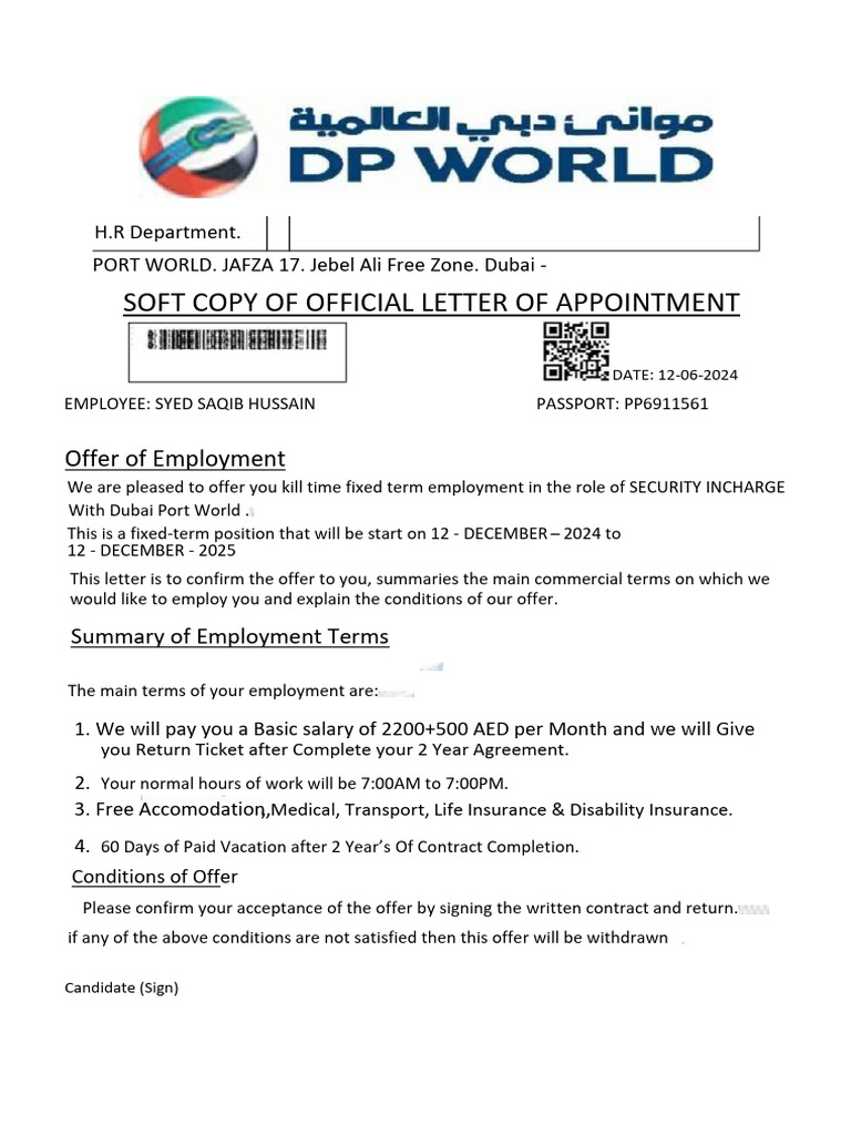 Job Offer: Security Incharge at DP World | PDF
