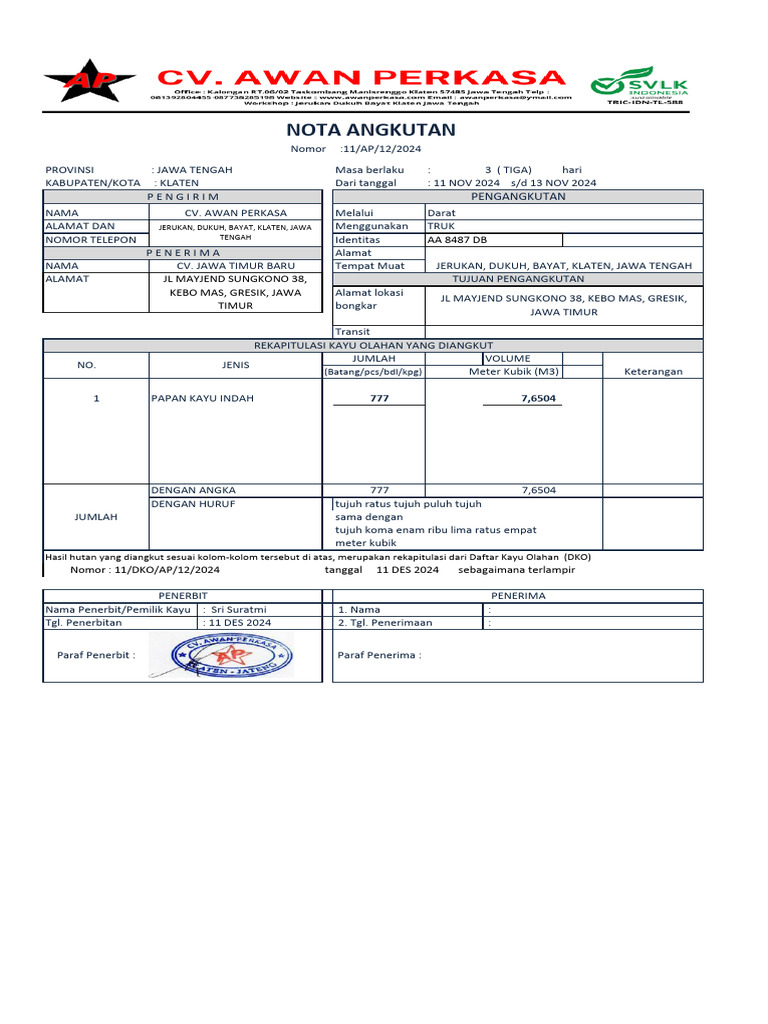 Nota Angkut Ppan Kayu Indah (11 Des 2024) | PDF