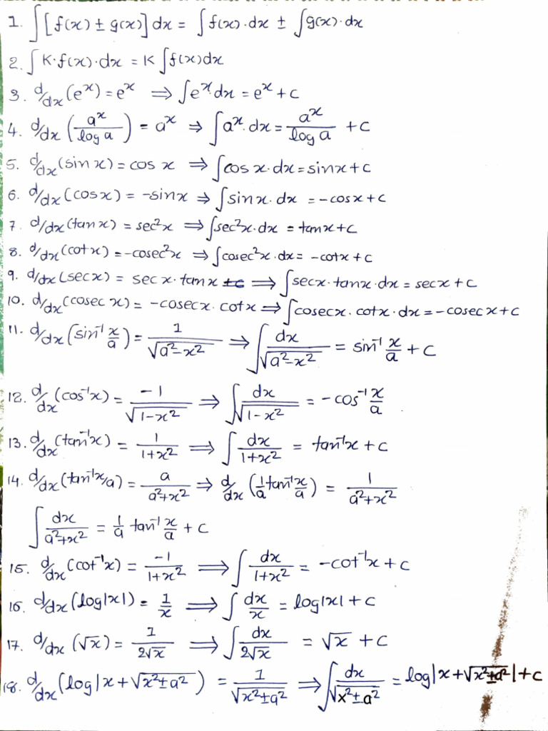 Indefinite Integration Formulae Sheet | PDF