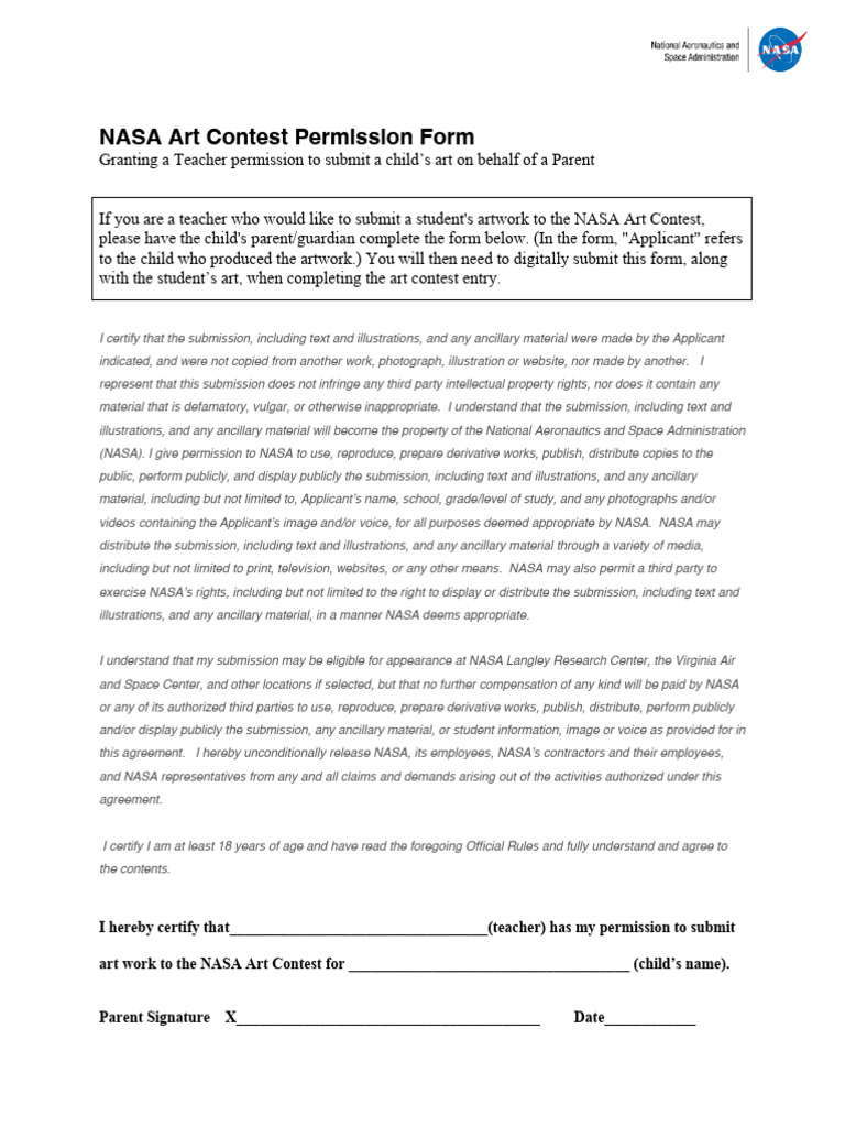 NASA Art Contest Teacher Form | PDF | Nasa | Justice