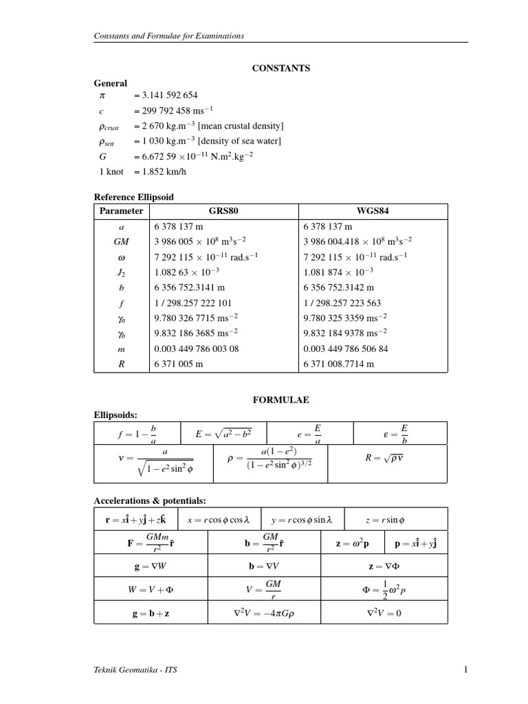 Formulae Sheet | PDF | Geodesy | Geophysics