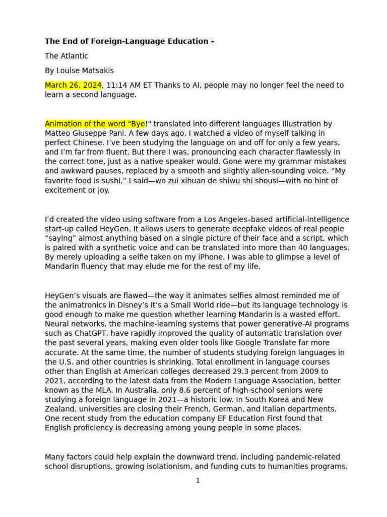 The End of Foreign Language - ST - 2 - 2024 | PDF | Human Communication ...