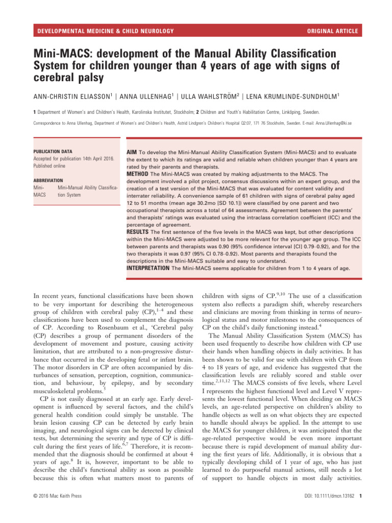 Mini-MACS Development of The Manual Ability Classification System For ...