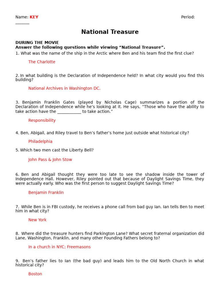 National Treasure Movie Guide Questions | PDF