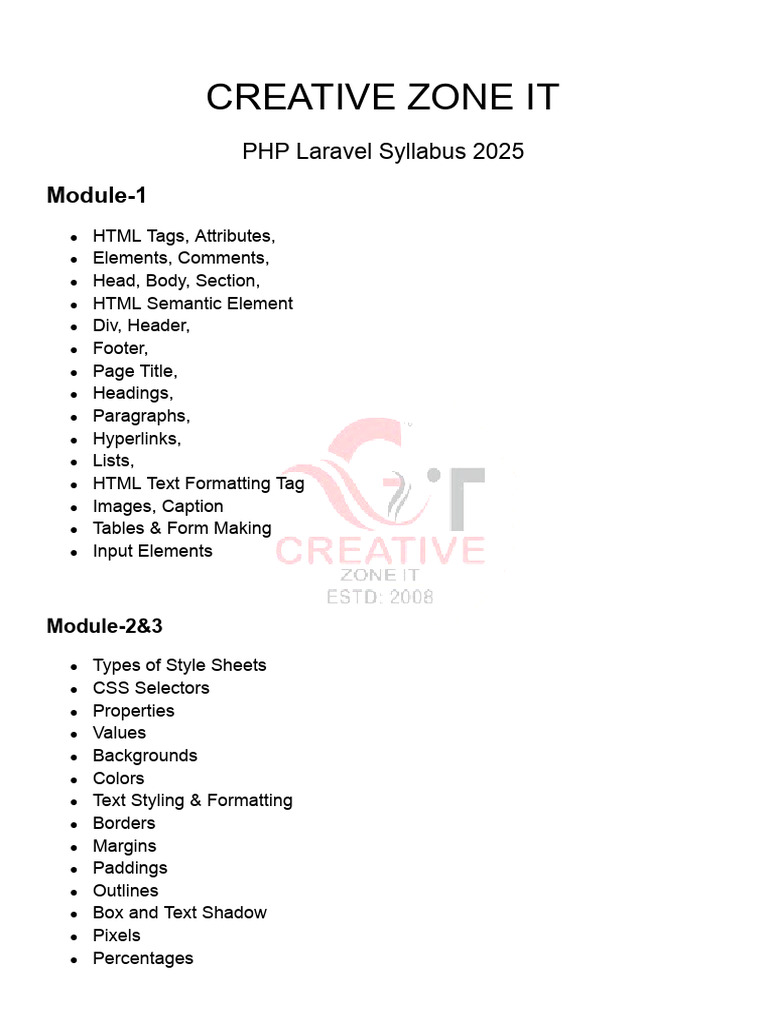 Laravel Course Syllabus 2025 | PDF | Html Element | Php