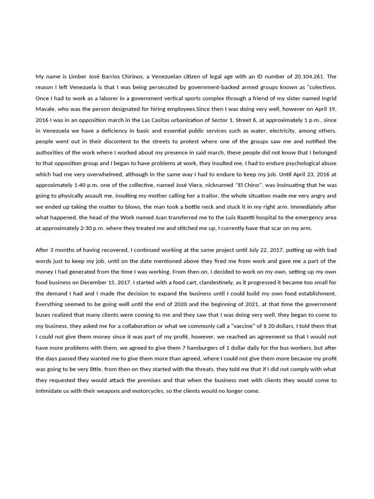Declaracion Ingles Limber José Barrios Chirinos | PDF