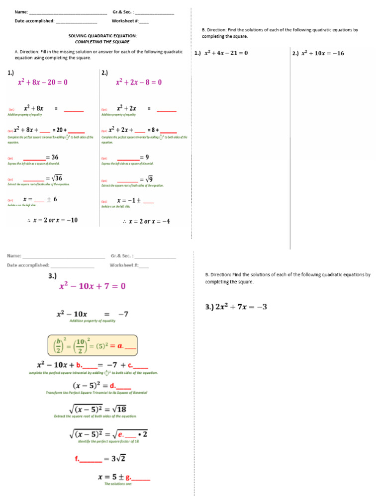 Completing-the-Square-Worksheet | PDF