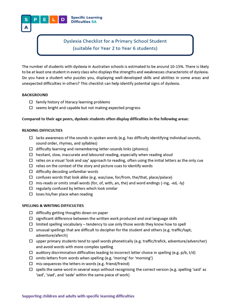 Week 2 - SPELD - SA - Dyslexia - Checklist - Primary - Student | PDF ...
