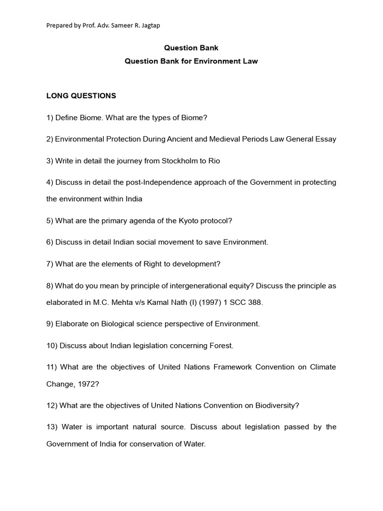 Environment Law Question Bank | PDF | Sustainability | Sustainable ...