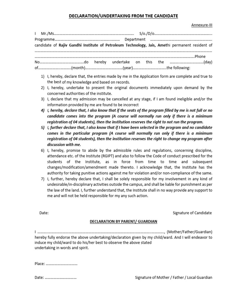 Declaration Cum Undertaking | PDF | Justice | Crime & Violence