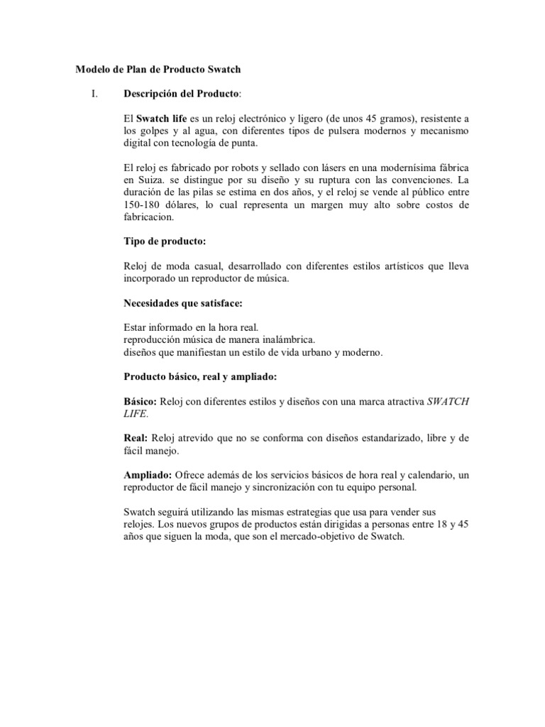 Modelo de Plan de Producto Swatch | PDF
