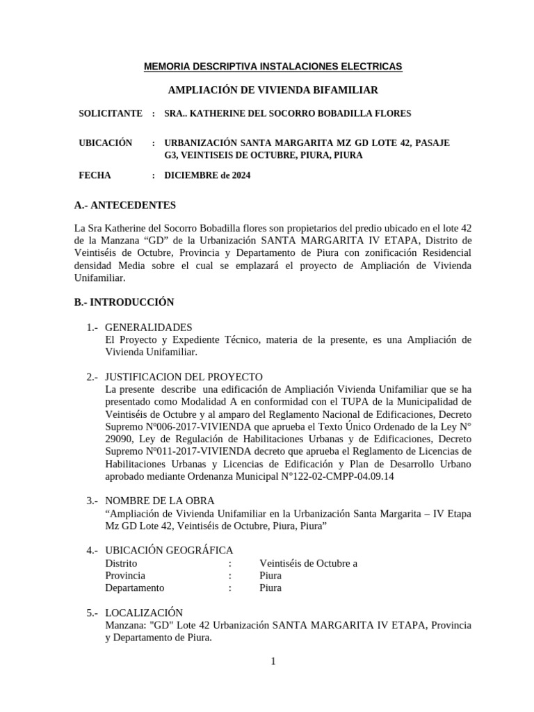 Memoria Descriptiva Electrica - Sta - Margarita | PDF | Conductor electrico | Tornillo