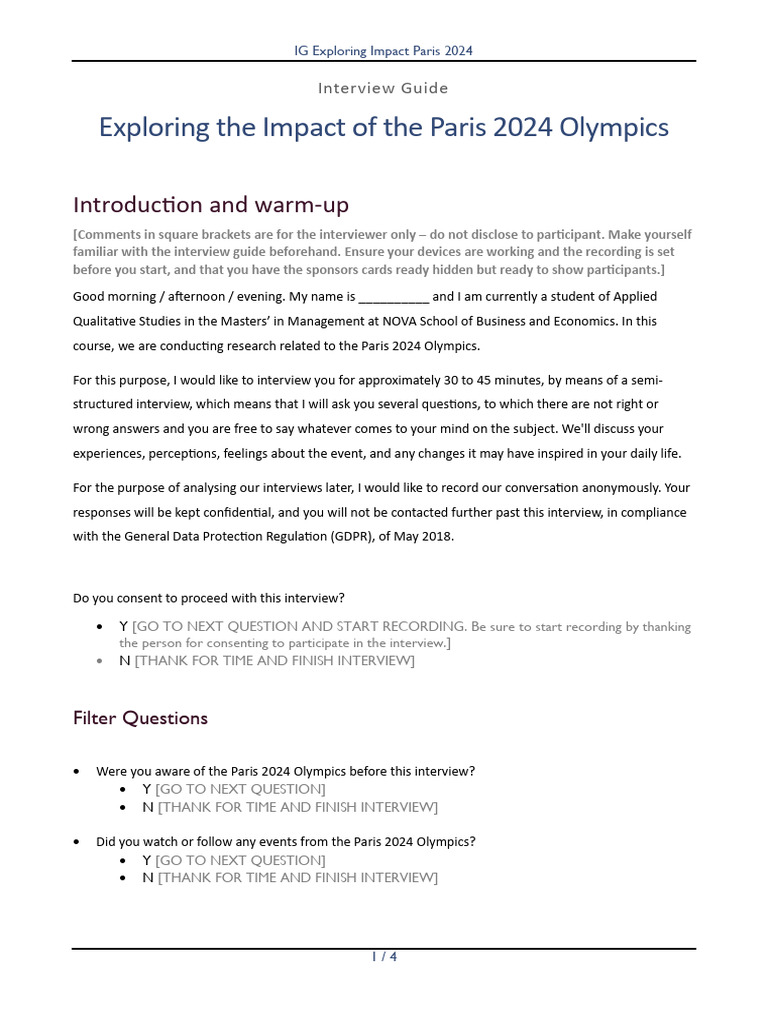 Impact of Paris 2024 Olympics Interview Guide | PDF