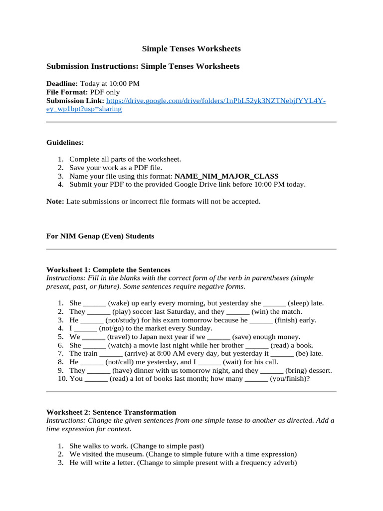 Simple Tenses Worksheets | PDF | Grammar | Linguistics