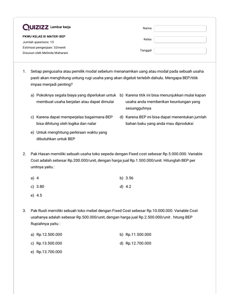 Pkwu Kelas Xi Materi Bep _ Quizizz | PDF