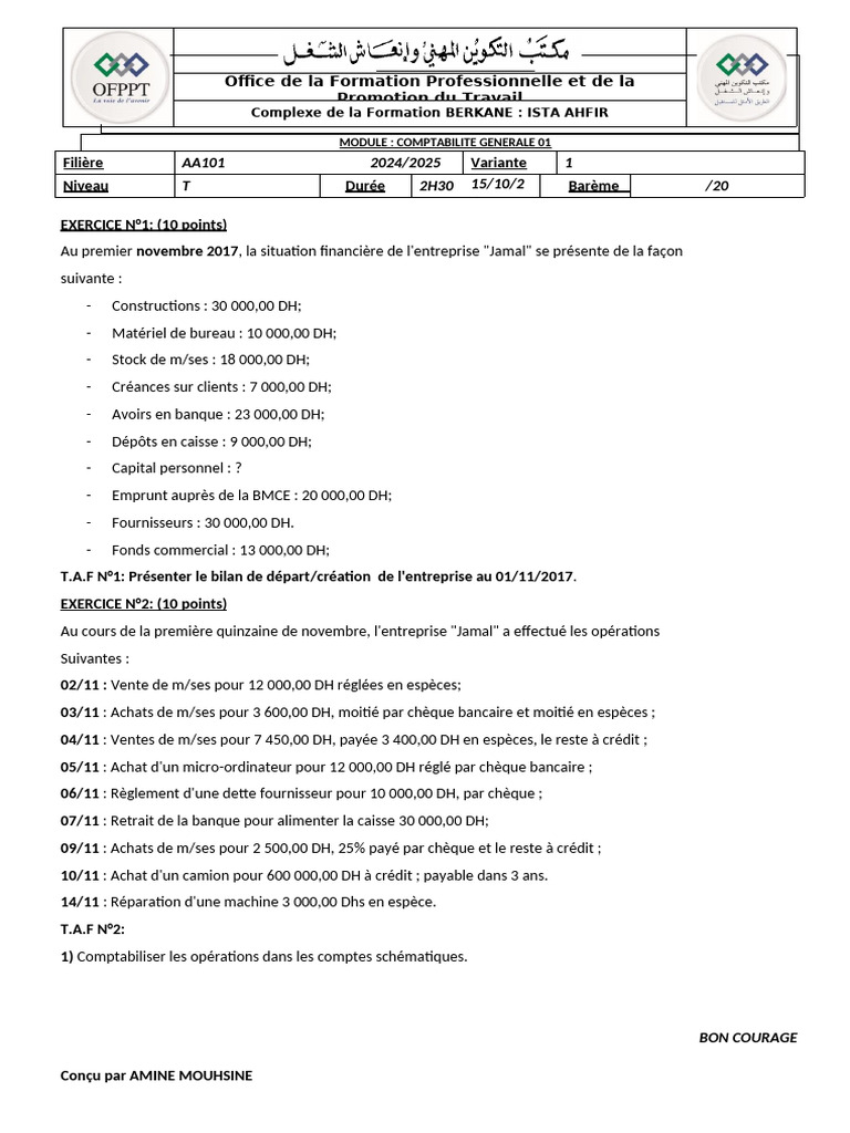 Contrôle Continu Comptabilité Générale 01 | PDF | Banques ...