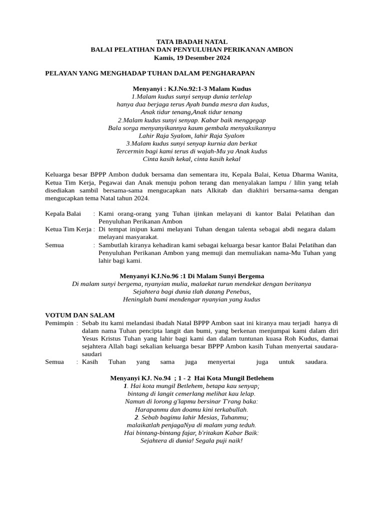 Tata Ibadah Natal BPPP Ambon 2024 | PDF