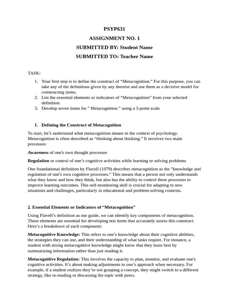 PSYP631 Assignment 1 | PDF | Metacognition | Learning