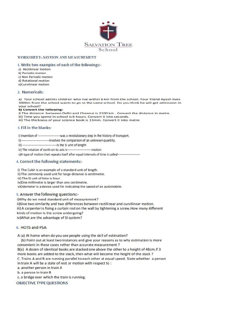 Motion Class Vi Worksheet 1 | PDF