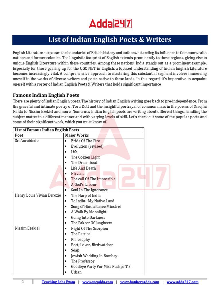 List of Indian English Poets Writers | PDF