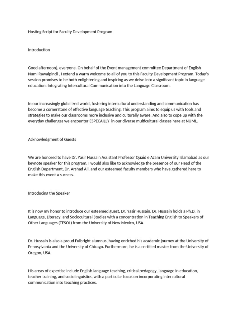 Hosting Script For Faculty Development Program | PDF | Cross Cultural ...