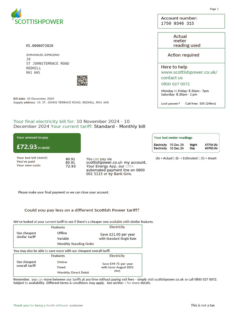 Final Scottish Power Electricity Bill | PDF | Payments | Economies
