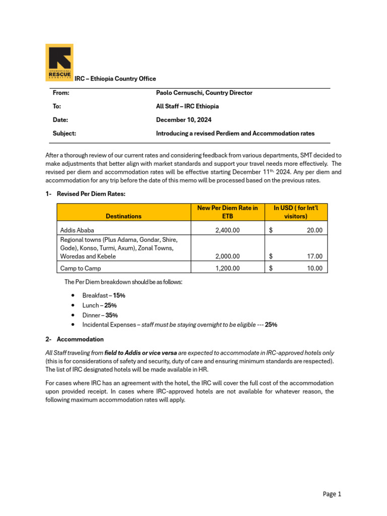 Memo - Revission of Perdiem Accomodation 10 Dec 24 | PDF | Per Diem | Factor Income Distribution