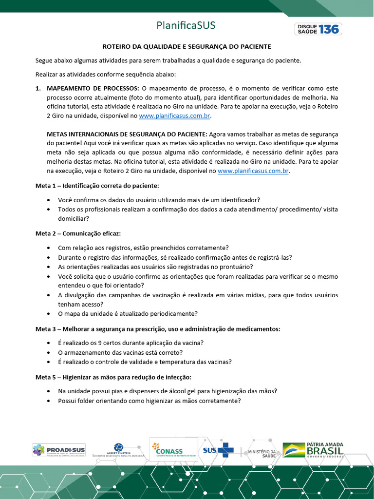 Roteiro Da Qualidade e Segurança Do Paciente | PDF | Vacinas | Pressão