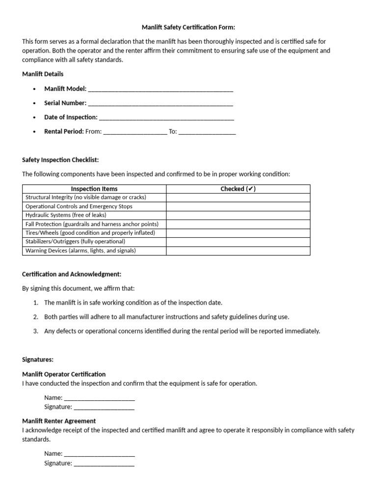 Manlift Safety Certification Form | PDF