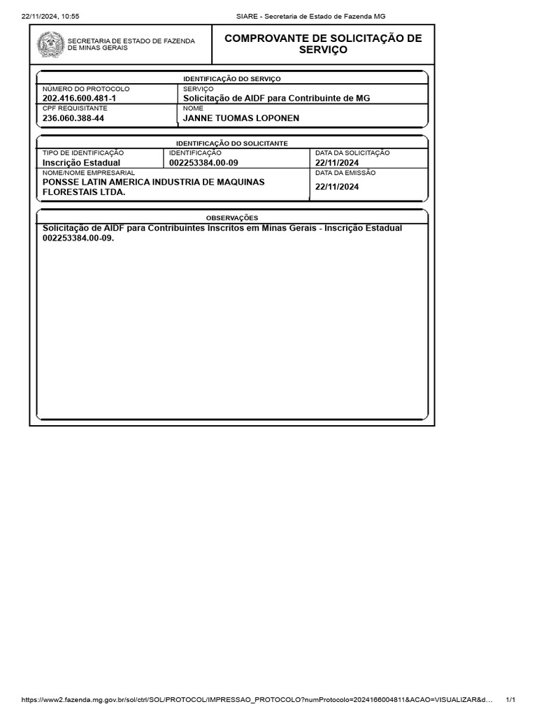 Solicitação de AIDF em Minas Gerais | PDF